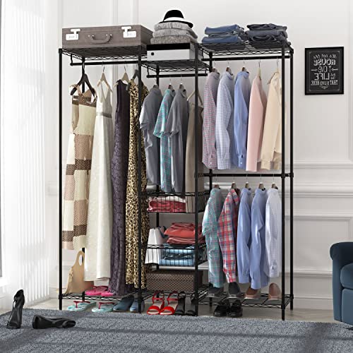 Xiofio 6 Tiers Heavy Duty Garment Rack,Clothing Storage Organizer, Metal Clothing Rack,Clothing Rack with Hanging Rod,Adjustable Shelf and Fixed Baskets,60.7"L x 15.7"W x 70.5"H Max Load 720LBS,BlackĀ·