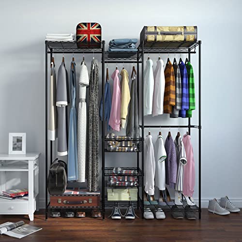 Xiofio 6 Tiers Heavy Duty Garment Rack,Clothing Storage Organizer, Metal Clothing Rack,Clothing Rack with Hanging Rod,Adjustable Shelf and Fixed Baskets,60.7"L x 15.7"W x 70.5"H Max Load 720LBS,BlackĀ·