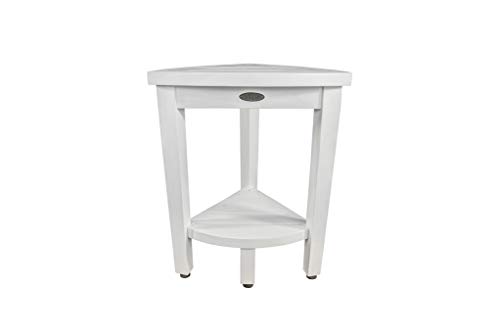 CoastalVogue Snazzy Corner Teak Shower Corner Bench Wood Corner Shower Seat Bench with Shelf 15" Wide Corner Shower Foot Stool in Antique White Finish