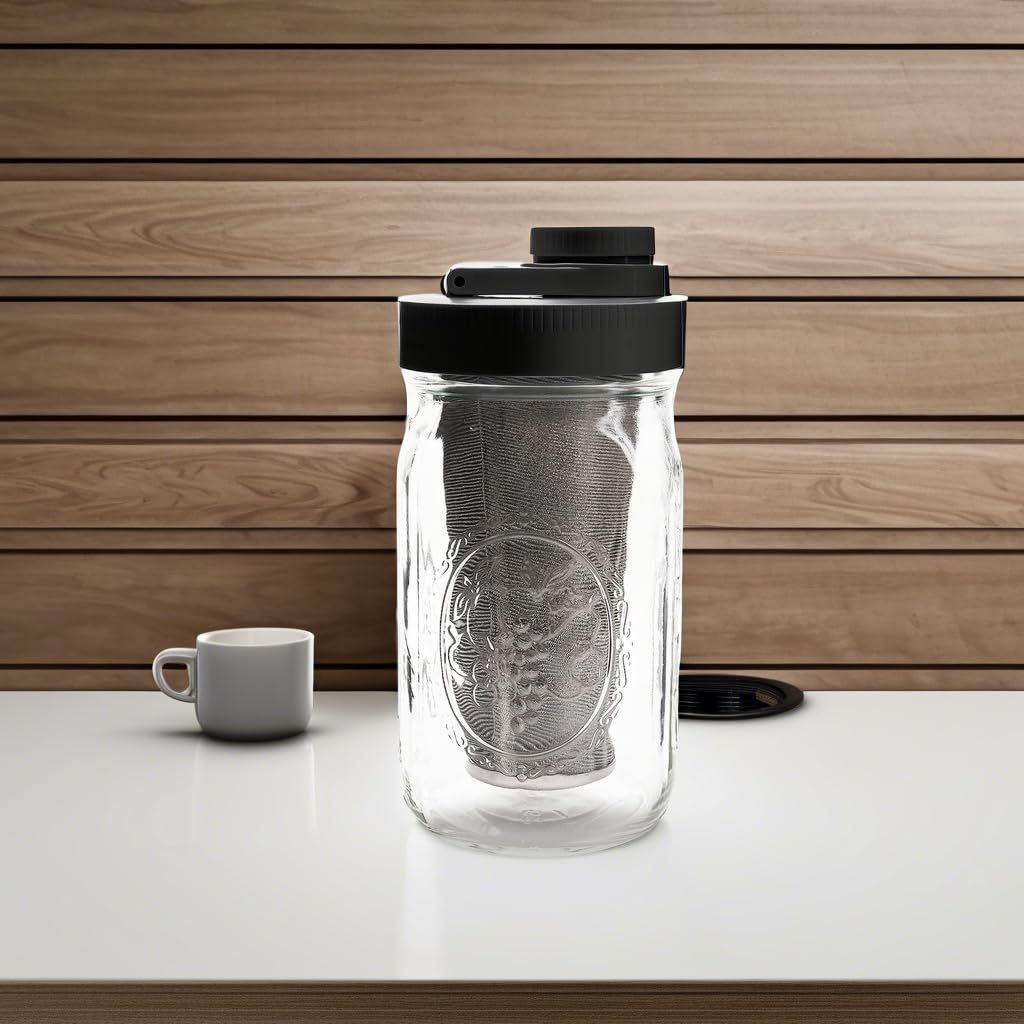 Brewing America Mason Jar Cold Brew Coffee Maker Infuser: Made in USA Wide Mouth Mason Jar with Screw Top Pour Lid, Stainless Steel Filter for Delicious Coffee, Tea, Alcohol - 1 Quart 32 oz Black Lid