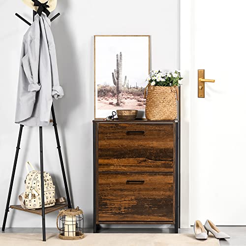 HOMCOM Shoe Cabinet with 2 Flip Doors, Slim 2-Drawer Shoe Cupboard with Divider and Open Compartment for 12 Pairs of Shoes, Entryway Storage Unit, Rustic Brown