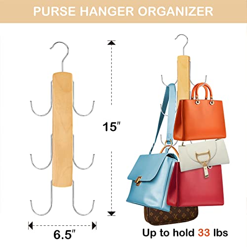 Volnamal Purse Hanger Organizer for Closet 2 Pack, Wood Handbag Storage Holder Metal Hanging Space Saving Hook, Closet Organizers and Storage Scarves, Ties, Shawls, Backpacks, Belts