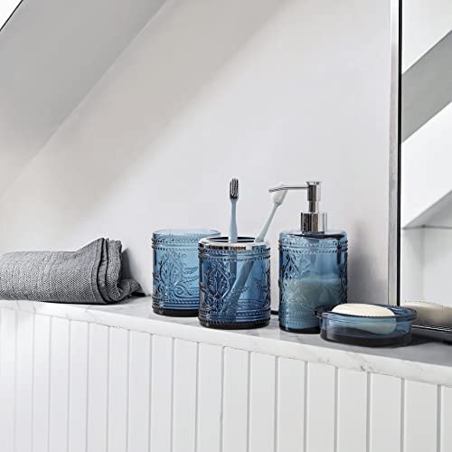 4PCs Dark Blue Glass Bathroom Accessories Set with Decorative Pressed Pattern - Includes Hand Soap Dispenser & Tumbler & Soap Dish & Toothbrush Holder