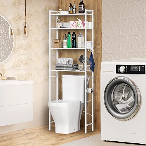 HOME BI Over The Toilet Storage Shelf ,Bathroom Organizer Over The Toilet Storage 4-Tier ,Wooden freestanding Toilet Shelf for Space Storage Toilet with Hooks (White Oak)