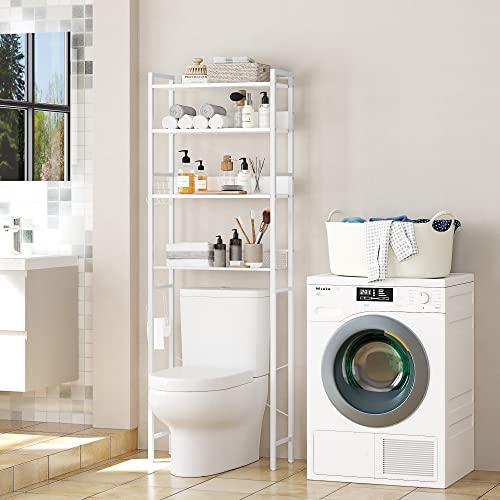 HOME BI Over The Toilet Storage Shelf ,Bathroom Organizer Over The Toilet Storage 4-Tier ,Wooden freestanding Toilet Shelf for Space Storage Toilet with Hooks (White Oak)