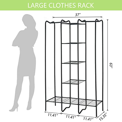 Clothes Rack with Shelves, Metal Closet Wardrobe Clothes Organizer, Portable Wardrobe Closet for Hanging Clothes with Hanging Rods, Freestanding Wire Shelving Garment Rack Closet Organizer and Storage