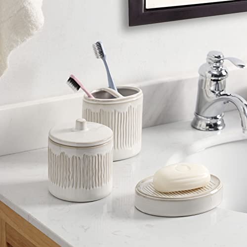Motifeur Bathroom Accessories Set, 5-Piece Ceramic Bath Accessory Complete Set with Lotion Dispenser/Soap Pump, Cotton Jar, Soap Dish, Tumbler and Toothbrush Holder (Ivory White)
