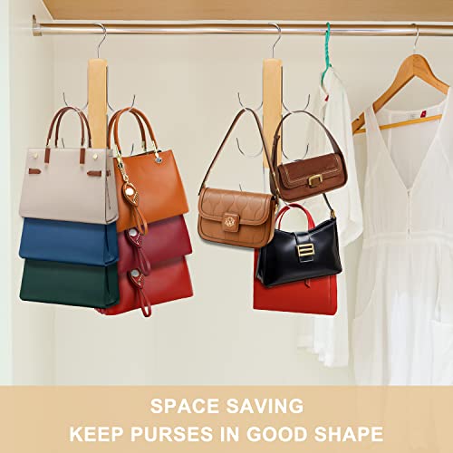 Volnamal Purse Hanger Organizer for Closet 2 Pack, Wood Handbag Storage Holder Metal Hanging Space Saving Hook, Closet Organizers and Storage Scarves, Ties, Shawls, Backpacks, Belts