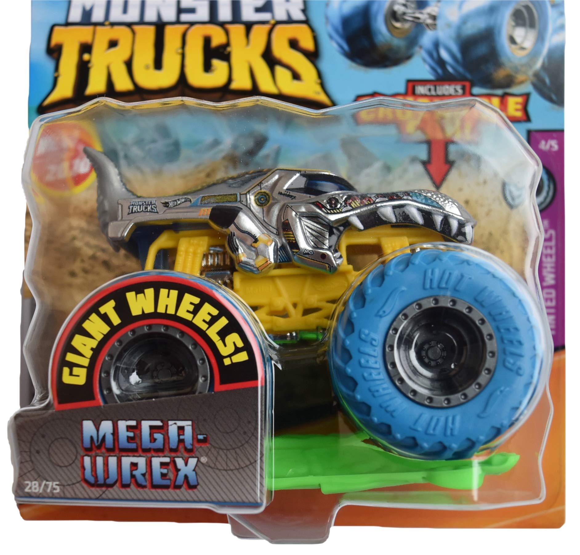 Hot Wheels Monster Trucks 1:64 Scale Mega Wrex 28/75 Includes Crushable Car, Gray with Blue Wheels