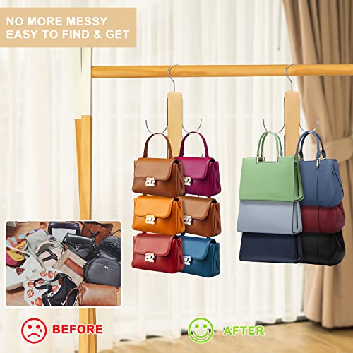 Volnamal Purse Hanger Organizer for Closet 2 Pack, Wood Handbag Storage Holder Metal Hanging Space Saving Hook, Closet Organizers and Storage Scarves, Ties, Shawls, Backpacks, Belts
