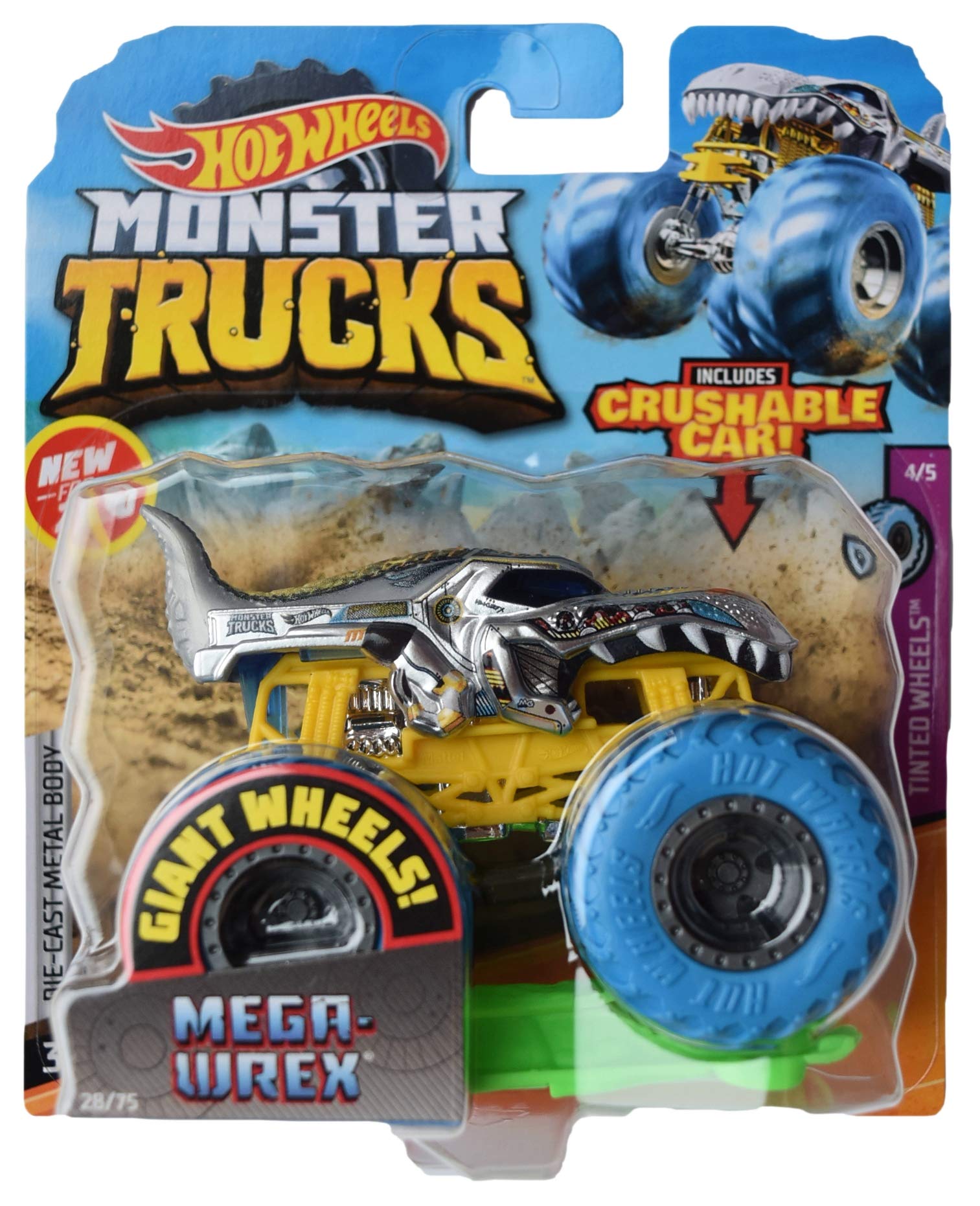 Hot Wheels Monster Trucks 1:64 Scale Mega Wrex 28/75 Includes Crushable Car, Gray with Blue Wheels