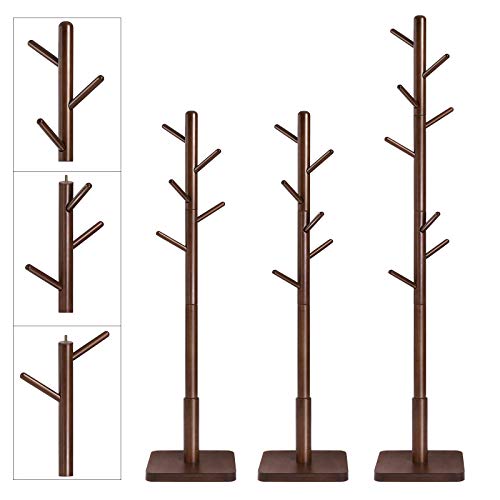VASAGLE Solid Wood Coat Rack, Free Standing Hall Coat Tree with 8 Hooks, 3 Height Options, for Coats, Hats, Bags, Purses, for Entryway, Hallway, Rubberwood Hooks and Pole, Dark Walnut URCR010W01
