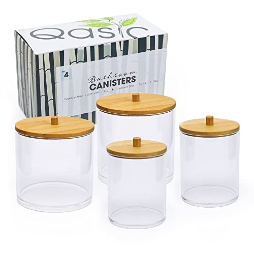 Qasic Crystal Acrylic Apothecary Jars with Lids. 4pc Set 20oz and 10oz Bathroom Organization Containers. Cotton Ball Holder, Cotton Swab Qtip Holder, Hair Accessories, Bath Salt, Decor or Candy Jar!