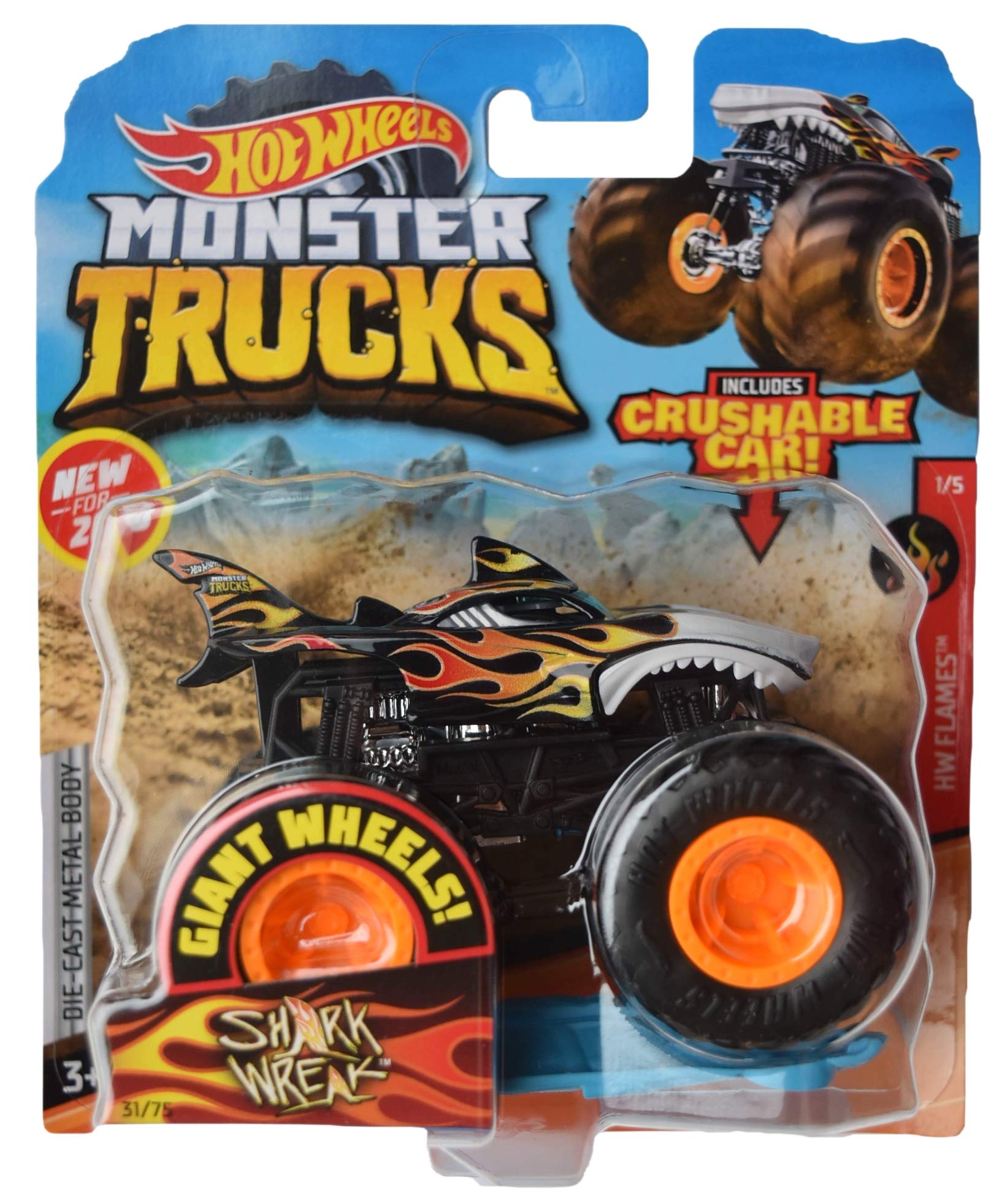 Hot Wheels Monster Trucks 1:64 Scale Shark Wreak 31/75 Includes Crushable Car