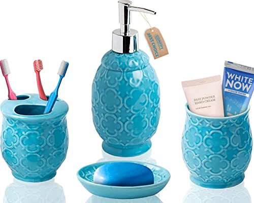 Designer 4-Piece Bathroom Accessory Set β Ceramic Bath Set w/Liquid Soap or Lotion Dispenser, Toothbrush Holder, Tumbler and Soap Dish β Decorative Set w/Embossed Details β Modern Vanity Accessories