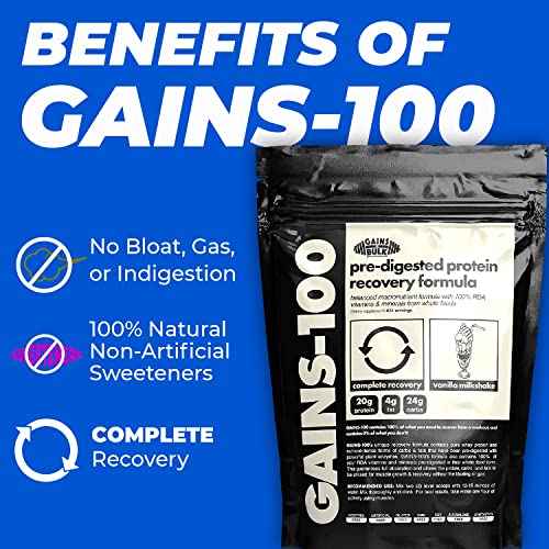 Gains In Bulk GAINS-100 Pre-Digested Recovery Formula - Whey Protein, Vanilla Milkshake, 4.96 lb Dietary Supplement | Balanced Macronutrient Formula with 100% RDA Vitamins and Minerals from Whole Food