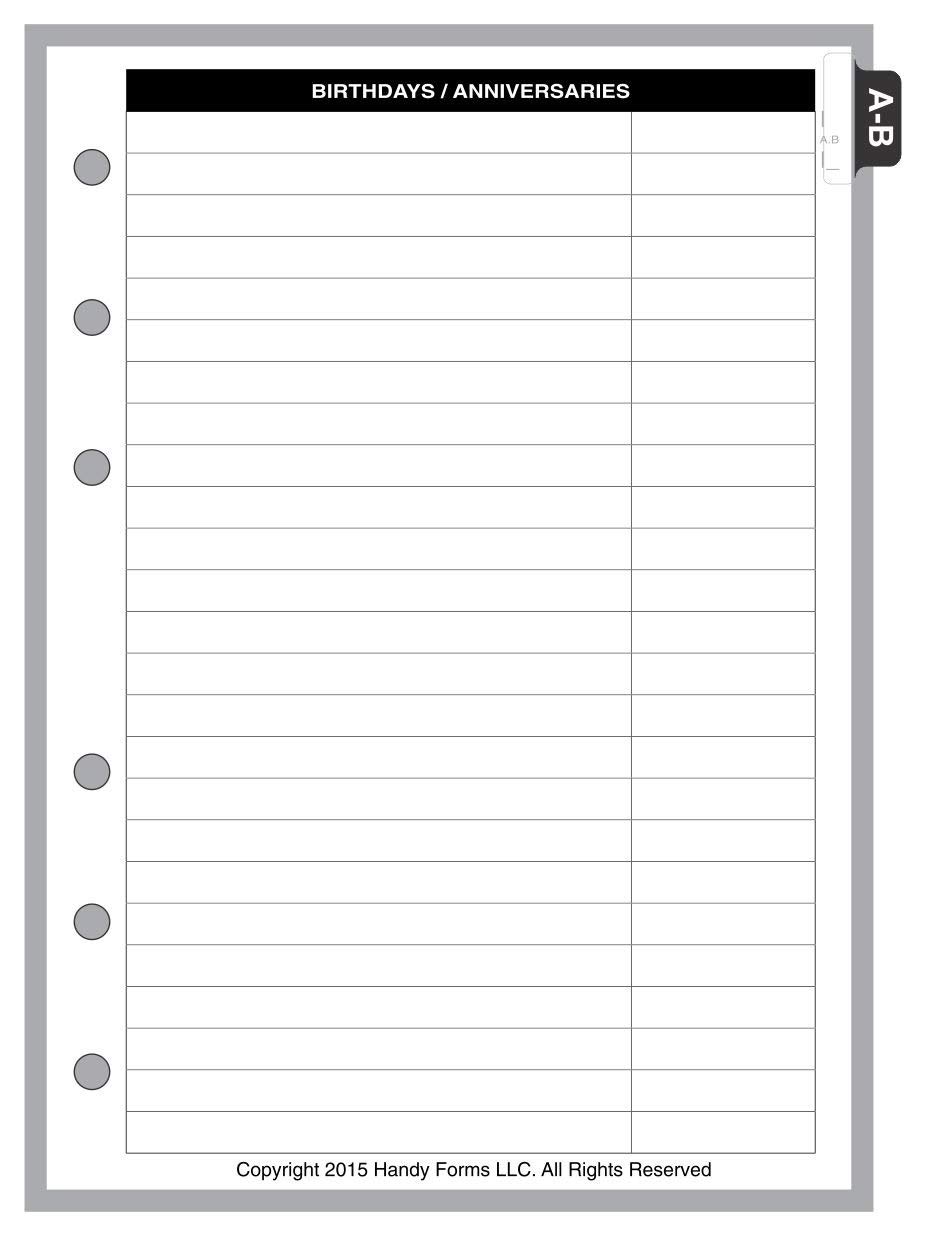 A6 Size Name & Address Insert, for 6-Ring Binders with Pages 4.1" x 5.8" (105mm x 148mm). Center Holes Spaced 1.5” (38mm). This is European A6 Size