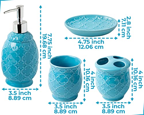 Designer 4-Piece Bathroom Accessory Set β Ceramic Bath Set w/Liquid Soap or Lotion Dispenser, Toothbrush Holder, Tumbler and Soap Dish β Decorative Set w/Embossed Details β Modern Vanity Accessories