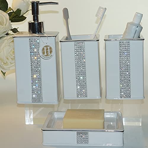 CAAHANJIA Bathroom Accessories Set 4 Pcs-Ceramic Gift Set Soap Dispenser Pump & Toothbrush Holder & Tumbler Cup & Soap Dish - Bathroom Home Decor Clearance, Countertop Vanity Organize (White01)