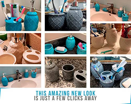 Designer 4-Piece Bathroom Accessory Set β Ceramic Bath Set w/Liquid Soap or Lotion Dispenser, Toothbrush Holder, Tumbler and Soap Dish β Decorative Set w/Embossed Details β Modern Vanity Accessories