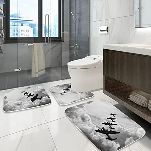 TheBlackSpot World War 2 WW2 in Color Warplane Bathroom Rugs 20 x 31 Grey Men Boys Bath Mat 16 x 24 Sets 3 Piece Memory Foam Anti Slip Absorbent Mats U-Shaped Contour Shower Mat