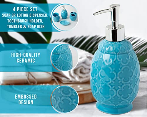 Designer 4-Piece Bathroom Accessory Set β Ceramic Bath Set w/Liquid Soap or Lotion Dispenser, Toothbrush Holder, Tumbler and Soap Dish β Decorative Set w/Embossed Details β Modern Vanity Accessories