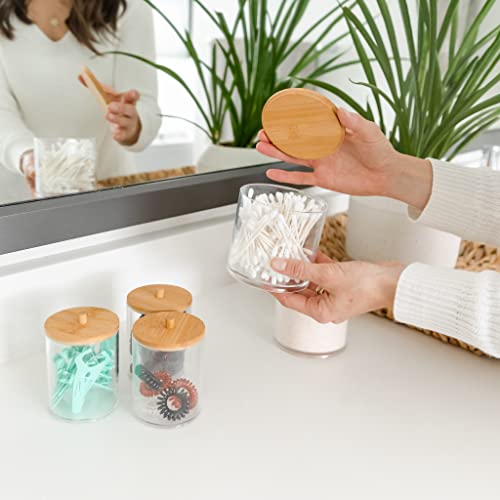 Qasic Crystal Acrylic Apothecary Jars with Lids. 4pc Set 20oz and 10oz Bathroom Organization Containers. Cotton Ball Holder, Cotton Swab Qtip Holder, Hair Accessories, Bath Salt, Decor or Candy Jar!