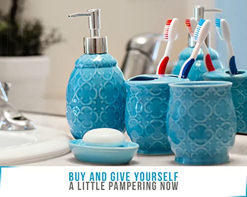 Designer 4-Piece Bathroom Accessory Set β Ceramic Bath Set w/Liquid Soap or Lotion Dispenser, Toothbrush Holder, Tumbler and Soap Dish β Decorative Set w/Embossed Details β Modern Vanity Accessories