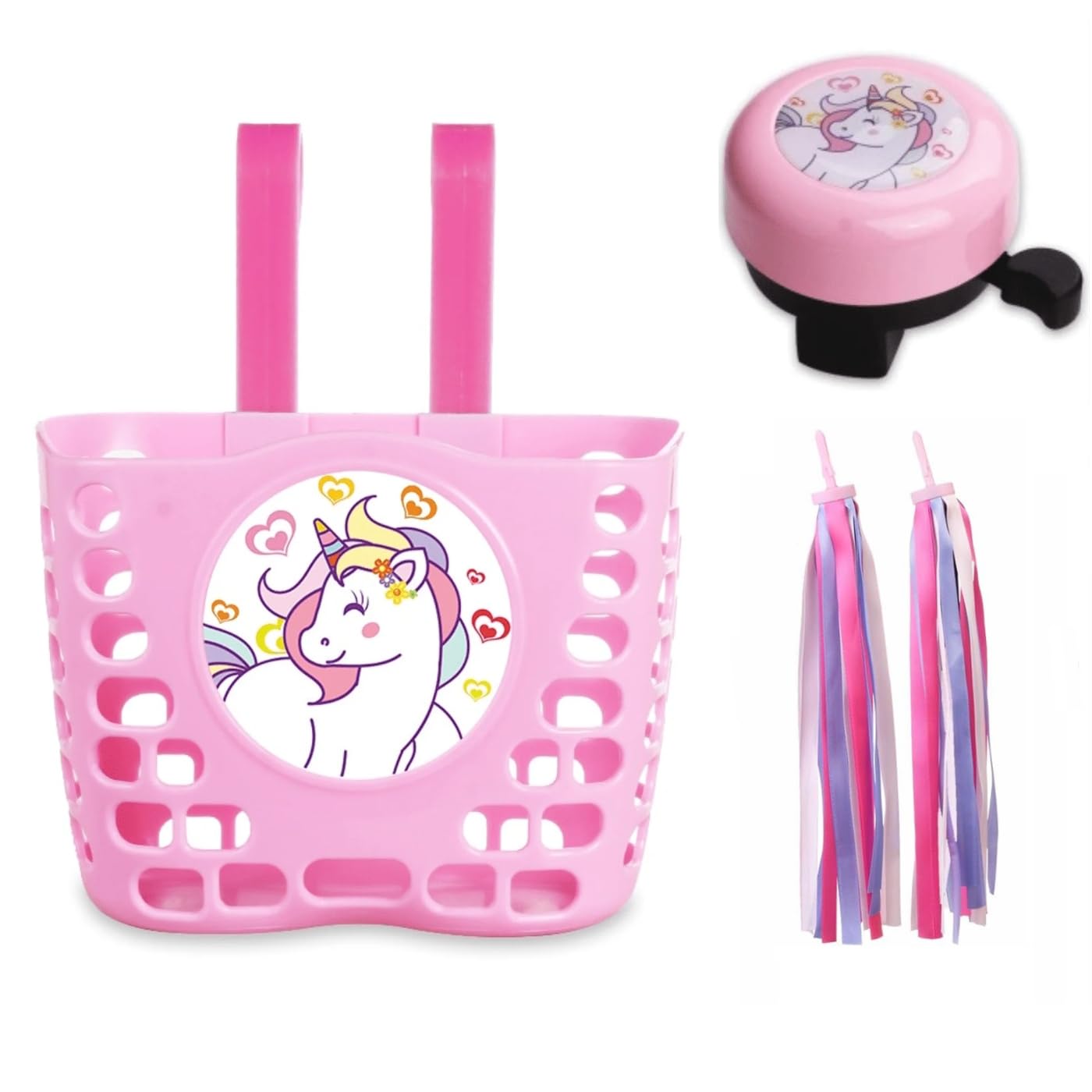 Kid's Bike Basket Accessories Set, Lovely Pink Unicorn Pattern Bicycle Front Handlebar Basket Bell, Streamer for Kid Bike