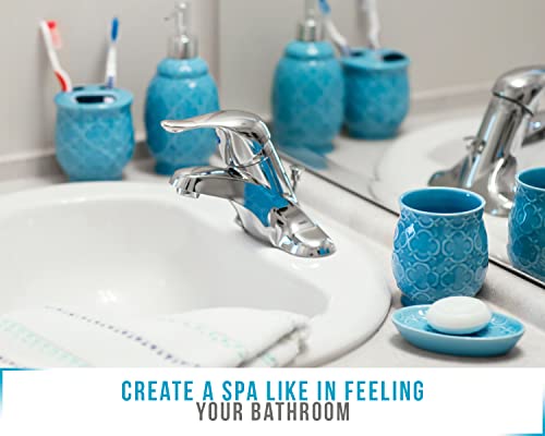 Designer 4-Piece Bathroom Accessory Set β Ceramic Bath Set w/Liquid Soap or Lotion Dispenser, Toothbrush Holder, Tumbler and Soap Dish β Decorative Set w/Embossed Details β Modern Vanity Accessories