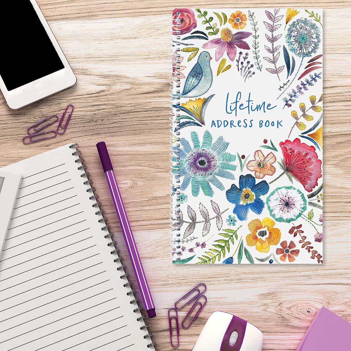 Current Embroidered Florals Address Book-94 Pages; Small 5" x 8-1/2" Size for Purse or Office,Spiral Bound Soft Cover Organizer for Contacts,Addresses,Email, & Phone Numbers + 50 Replacement Stickers