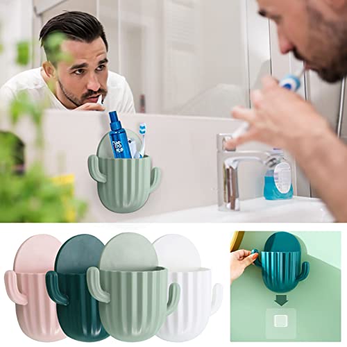 Gecau 4PC Cactus Shape Storage Box - Punch-Frees Cartoon Soap Holder - Wall Mounted Makeup Tool Container for Shower Toilet Bathroom Kitchen