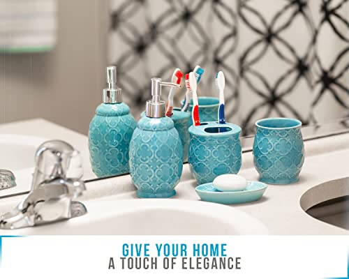 Designer 4-Piece Bathroom Accessory Set β Ceramic Bath Set w/Liquid Soap or Lotion Dispenser, Toothbrush Holder, Tumbler and Soap Dish β Decorative Set w/Embossed Details β Modern Vanity Accessories
