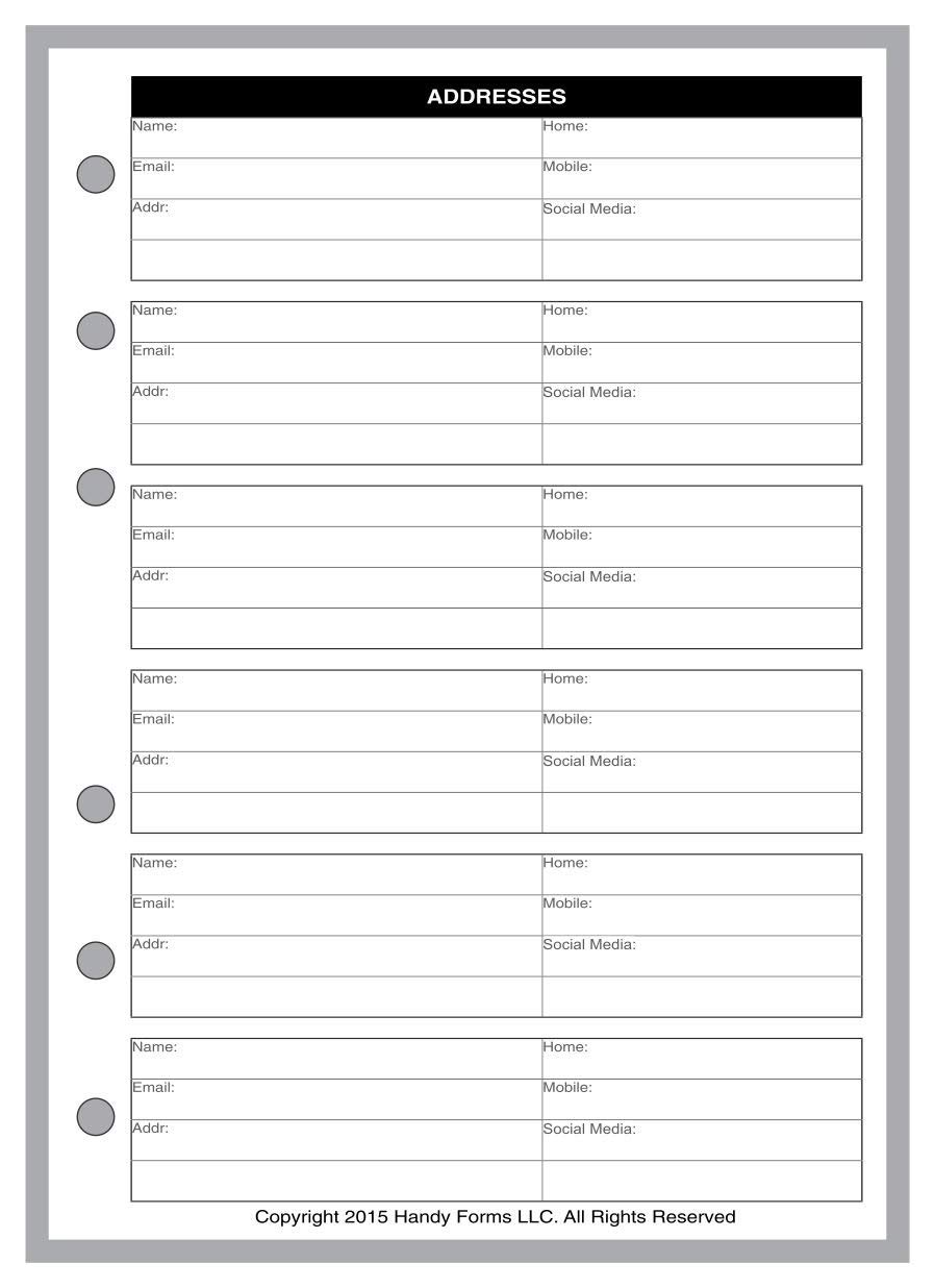 A6 Size Name & Address Insert, for 6-Ring Binders with Pages 4.1" x 5.8" (105mm x 148mm). Center Holes Spaced 1.5” (38mm). This is European A6 Size