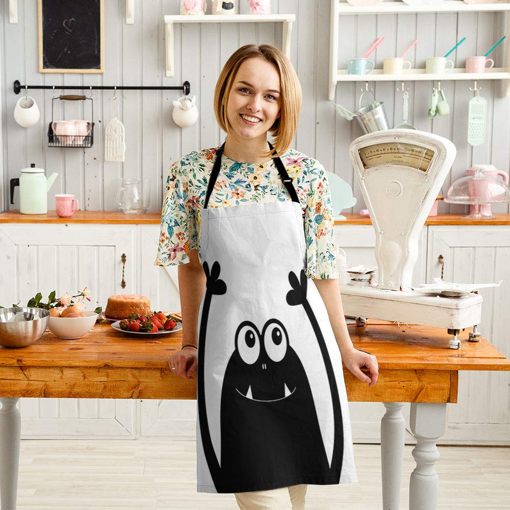 HGOD DESIGNS Monster Kitchen Apron,Funny Black Monster Head With Two Eyes And Teeth Fang Kitchen Aprons For Women Men For Cooking Gardening Adjustable Home Bibs,Adult Size