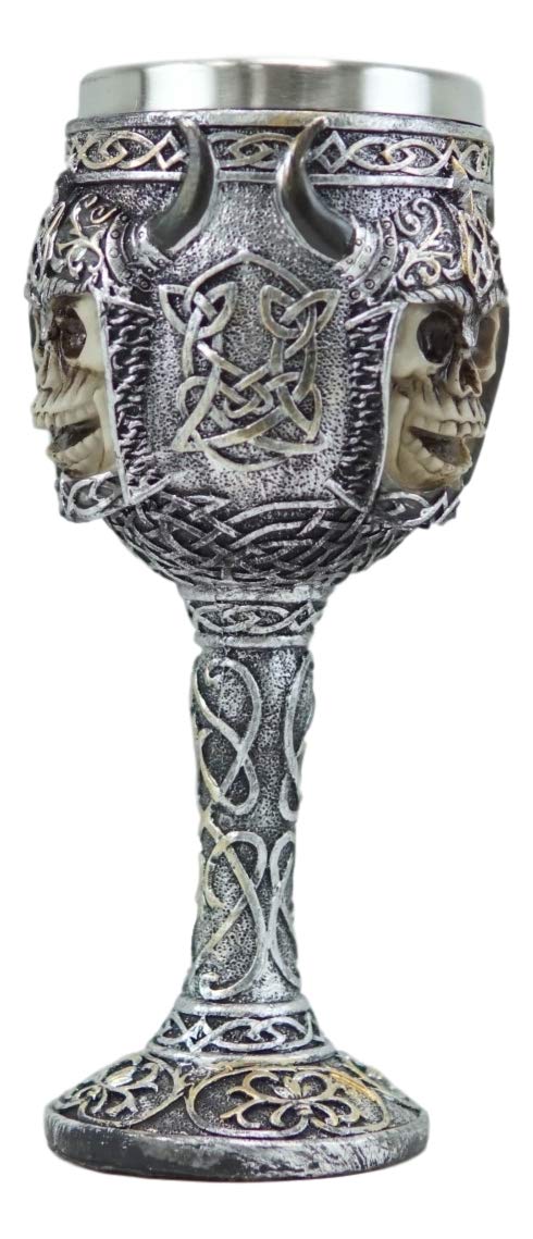 Ebros Viking Berserker Skull With Bison Horned Helmet Wine Goblet 7oz With Celtic Knotwork Patterns Vintage Chalice Cup With Food Safe Stainless Steel Liner As Halloween Ossuary Macabre Skulls Accent