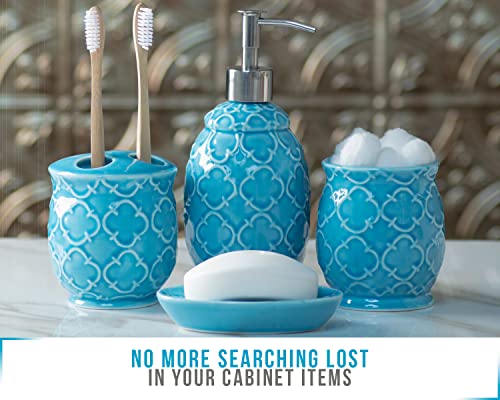 Designer 4-Piece Bathroom Accessory Set β Ceramic Bath Set w/Liquid Soap or Lotion Dispenser, Toothbrush Holder, Tumbler and Soap Dish β Decorative Set w/Embossed Details β Modern Vanity Accessories
