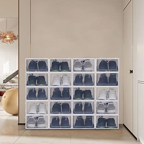 LOYALHEARTDY 20 PCS Shoe Storage Boxes Clamshell Clear Shoe Boxes Stackable Plastic Shoe Boxes with Lids Home Shoe Organizer For Sneaker Storage Foldable Shoe Sneaker Containers Easy Assembly