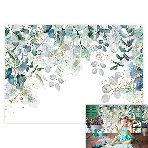 Funnytree 7x5FT Oh Baby Greenery Photography Backdrop Gold Green Eucalyptus Leaves Branches Spring Background Wedding Bridal Shower Birthday Party Banner Supplies Natural Photobooth Prop Photocall