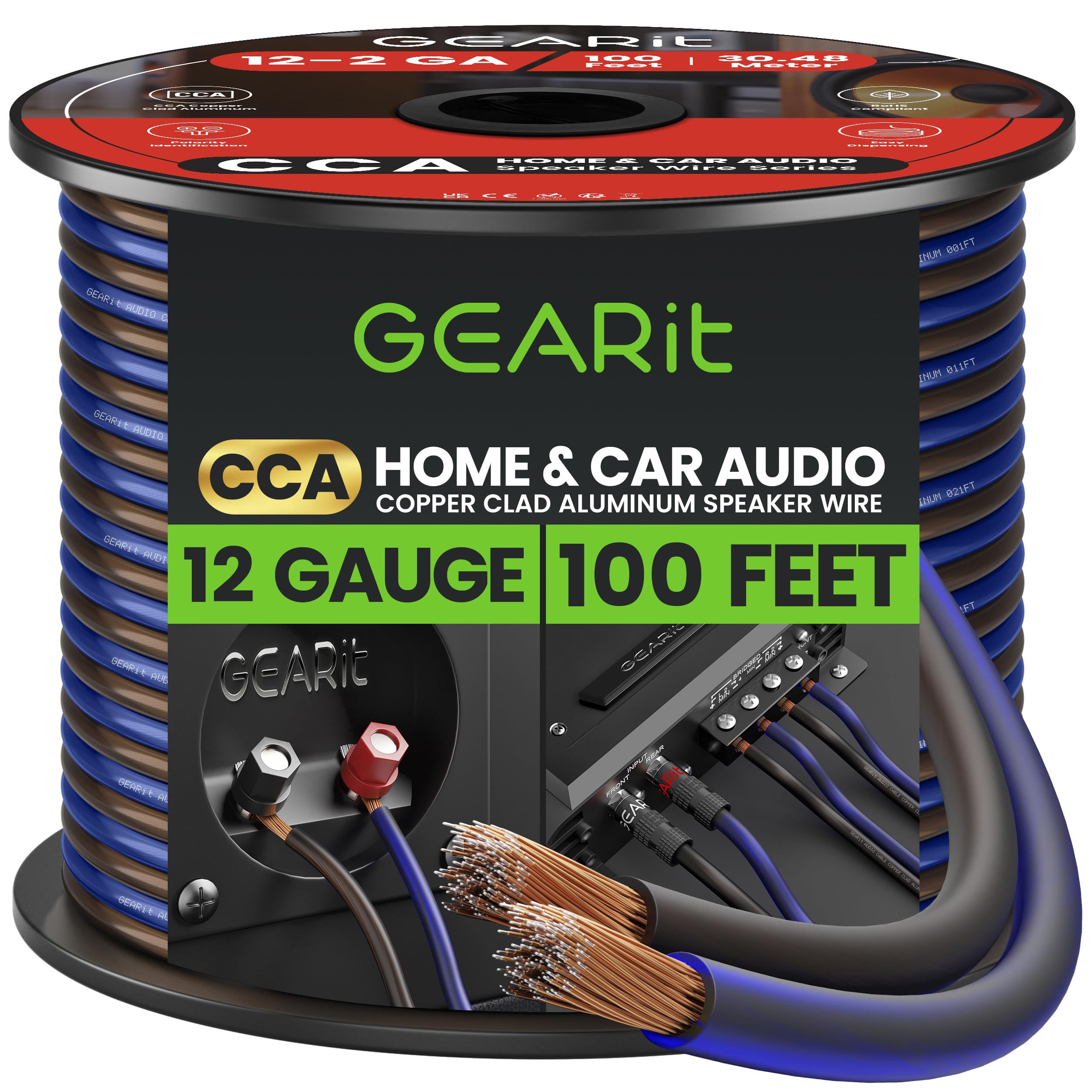 GearIT Pro Series 12 Gauge (2 x 4mm²) Speaker Wire Cable (30.4 Meters / 100 Feet/Black Blue) CCA HiFi Audio Speaker Cable Great Use for Car Audio and Home Theater Surround Sound Systems