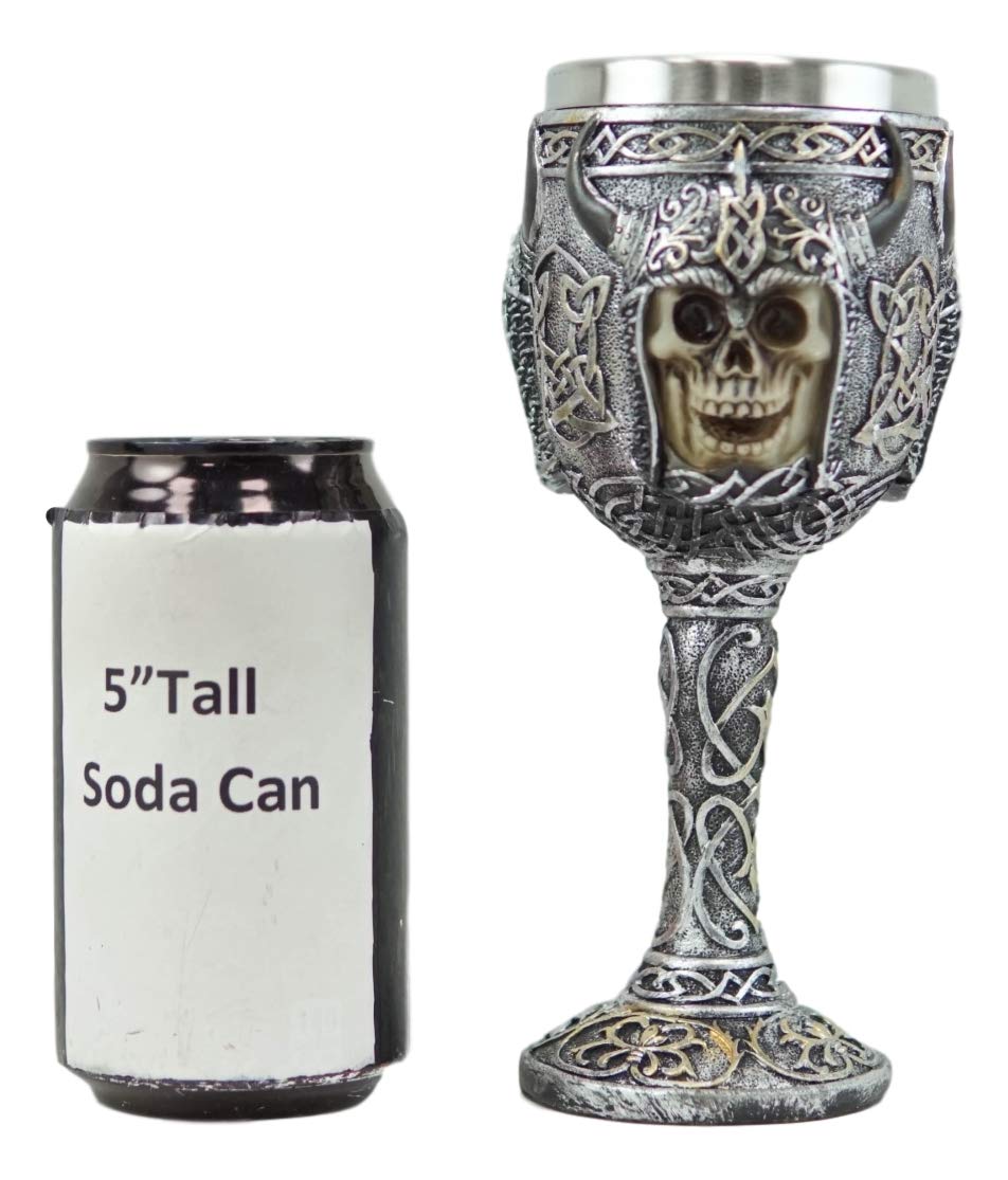 Ebros Viking Berserker Skull With Bison Horned Helmet Wine Goblet 7oz With Celtic Knotwork Patterns Vintage Chalice Cup With Food Safe Stainless Steel Liner As Halloween Ossuary Macabre Skulls Accent