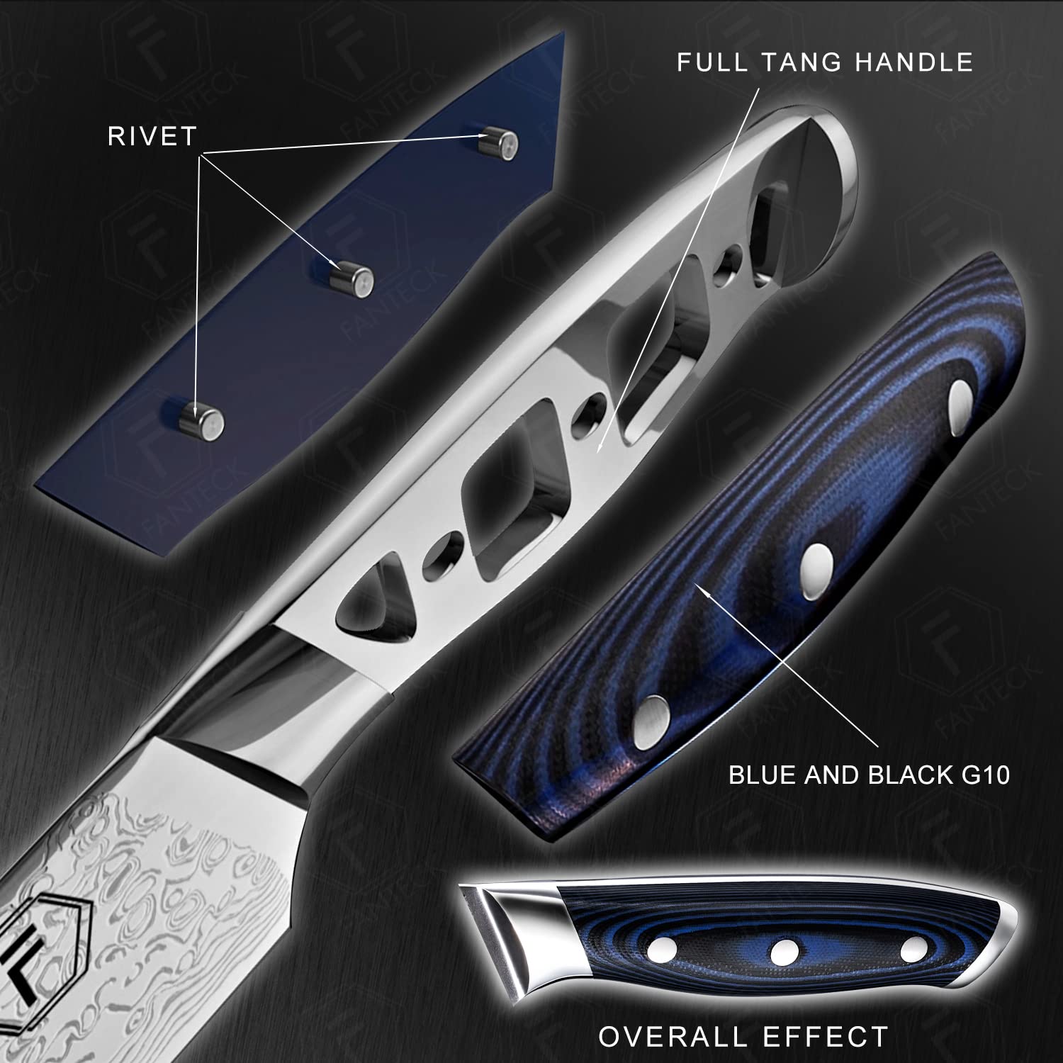 FANTECK 5 Inch Utility Knife, Japanese Damascus VG10 67 Layer Kitchen Fruit Paring Chef Utility Knives -Blue G10 Handle,-Razor Sharp, Stain & Corrosion Resistant, & Awesome Edge Retention