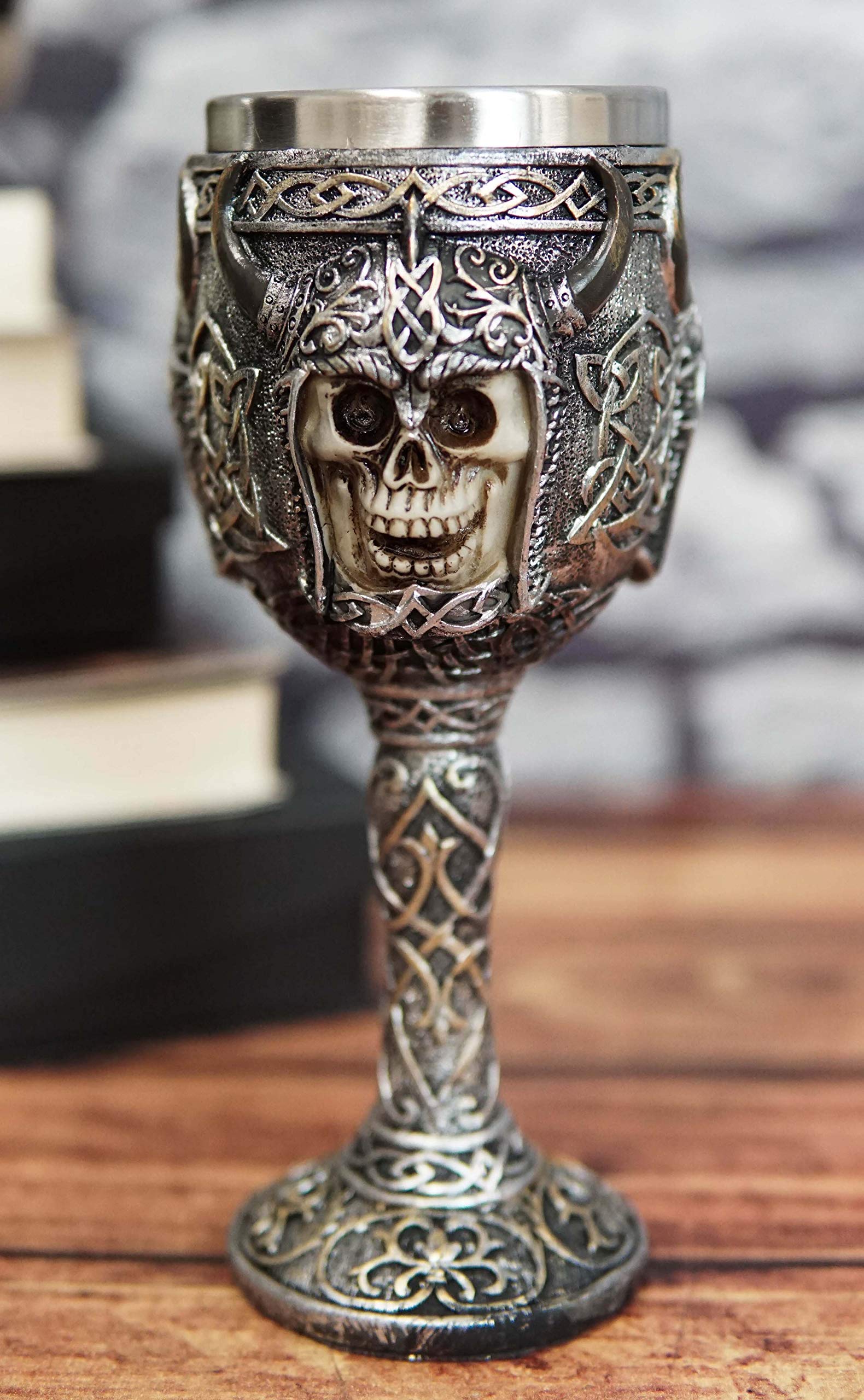 Ebros Viking Berserker Skull With Bison Horned Helmet Wine Goblet 7oz With Celtic Knotwork Patterns Vintage Chalice Cup With Food Safe Stainless Steel Liner As Halloween Ossuary Macabre Skulls Accent