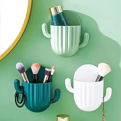 Gecau 4PC Cactus Shape Storage Box - Punch-Frees Cartoon Soap Holder - Wall Mounted Makeup Tool Container for Shower Toilet Bathroom Kitchen