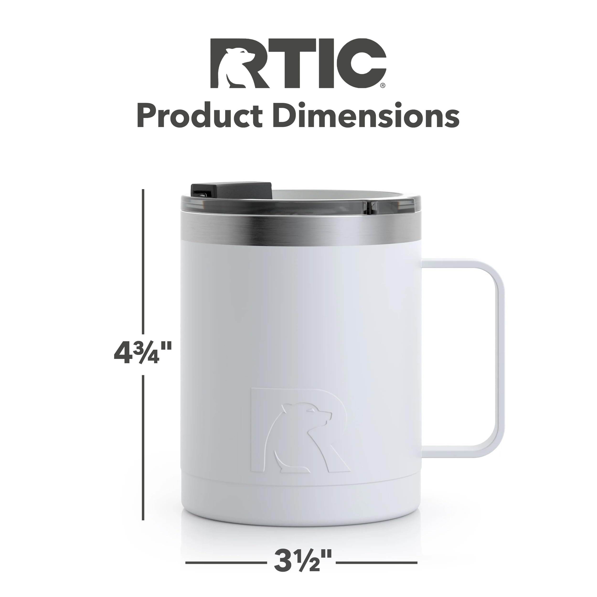 RTIC Coffee Mug with Handle, 12 oz, White, Portable Travel Thermal Camping Cup, Vacuum-Insulated with Lid, Stainless Steel, Sweat Proof, Keeps Hot & Cold Longer