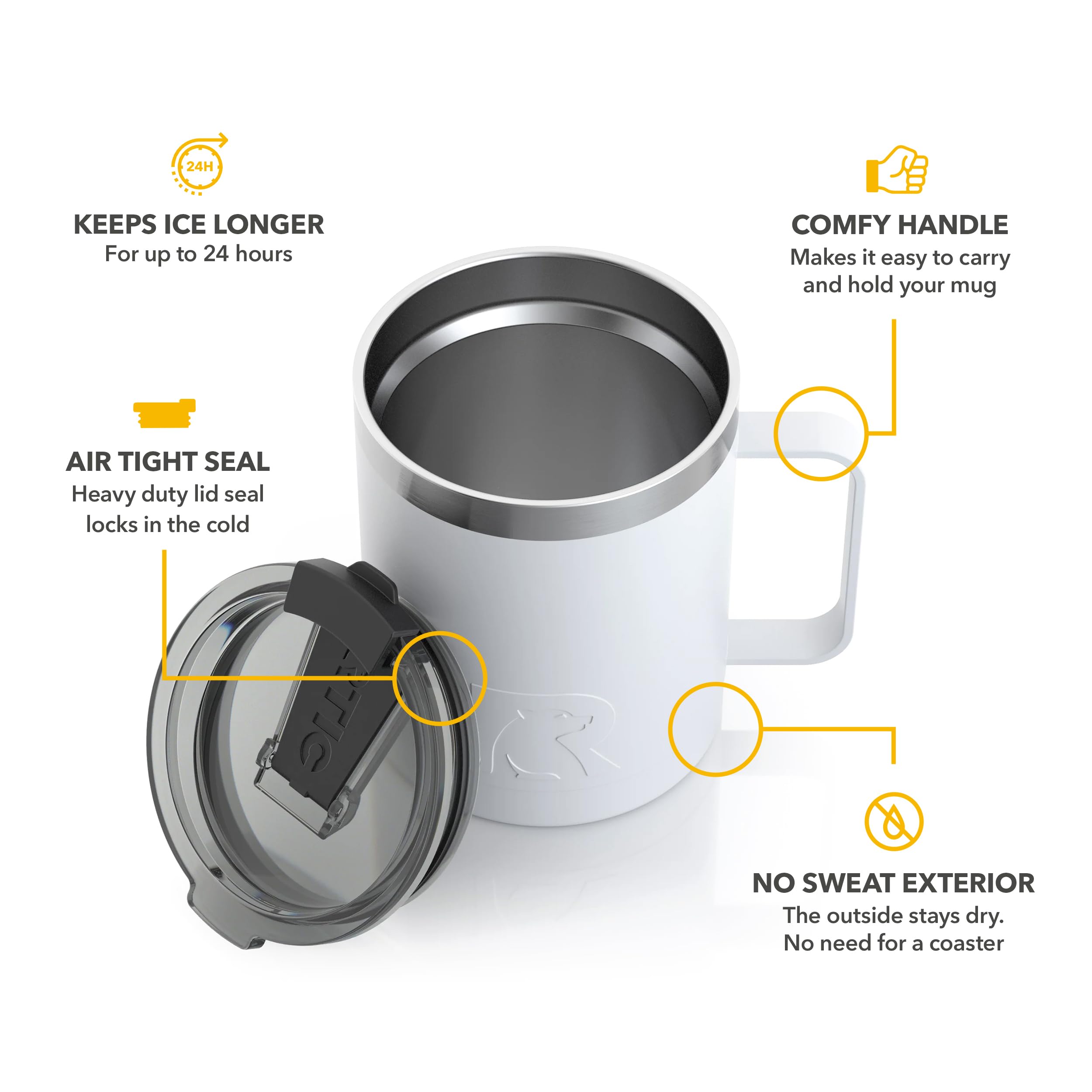 RTIC Coffee Mug with Handle, 12 oz, White, Portable Travel Thermal Camping Cup, Vacuum-Insulated with Lid, Stainless Steel, Sweat Proof, Keeps Hot & Cold Longer