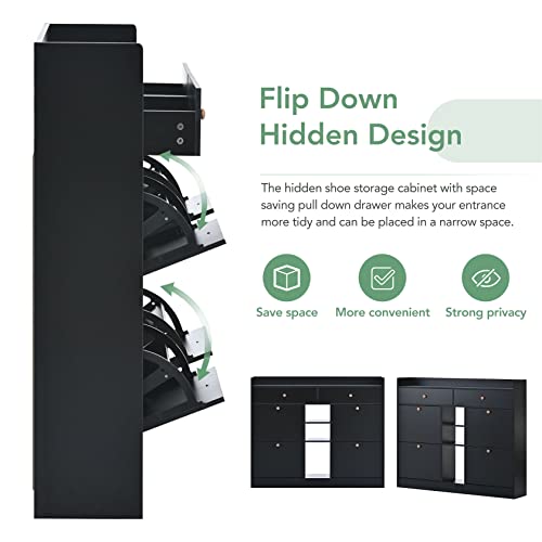 SSLine Boho 4-Door Shoe Cabinet with 2 Drawers Free-Standing Shoe Rack Modern Black Wood Shoe Storage Organizer w/Flip Down Storage Shelves for Entryway Hallway Small Space