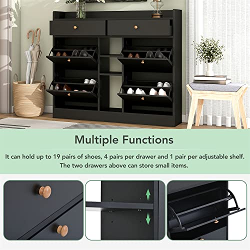 SSLine Boho 4-Door Shoe Cabinet with 2 Drawers Free-Standing Shoe Rack Modern Black Wood Shoe Storage Organizer w/Flip Down Storage Shelves for Entryway Hallway Small Space