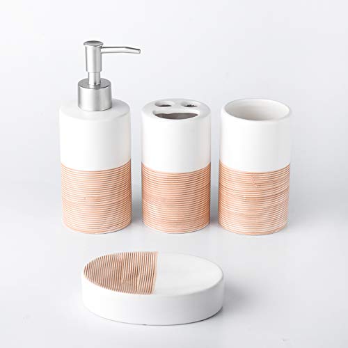 MIUFA 4 Piece White Deluxe Ceramic Bathroom Accessories Set Soap Dispenser Toothbrush Holder,Tumbler & Soap Dish (White)