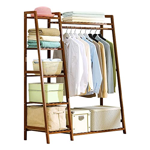 ZZBIQS Bamboo Clothing Rack with Shelves Ladder Clothes Hanger Rack Heavy Duty Freestanding Coat Closet Garment Rack for Hanging Clothes /Folding Clothes/Shoes, 43.3" L x 15.7" W x55.1 H